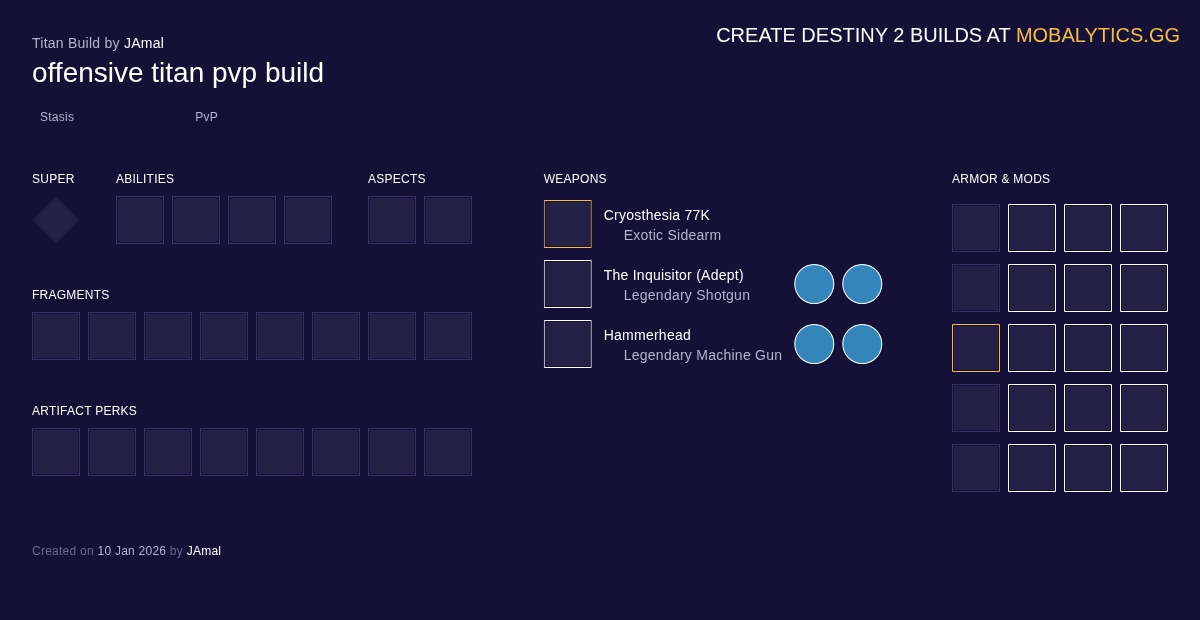 offensive titan pvp build - Destiny 2 Stasis Titan Build by JAmal