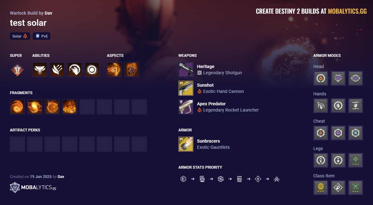 test solar - Destiny 2 Solar Warlock Build by Dav