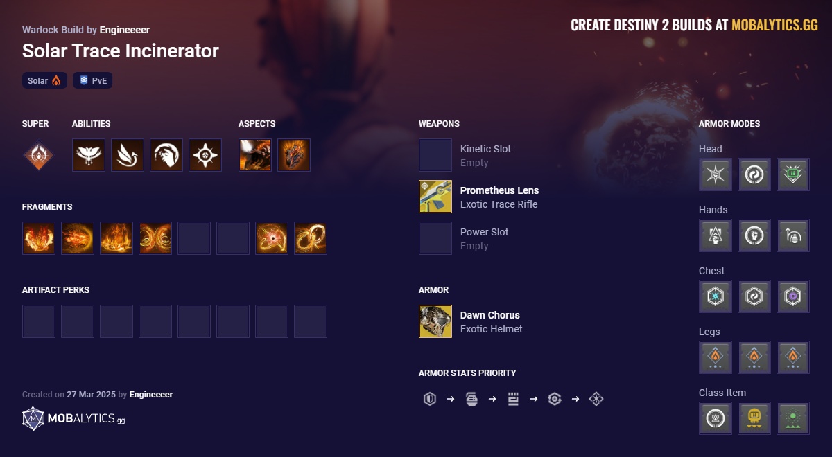 Solar Trace Incinerator - Destiny 2 Solar Warlock Build by Engineeeer