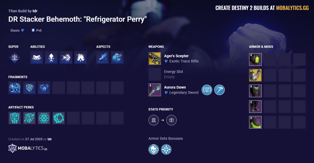 DR Stacker Behemoth: "Refrigerator Perry" - Destiny 2 Stasis Titan Build by tdr