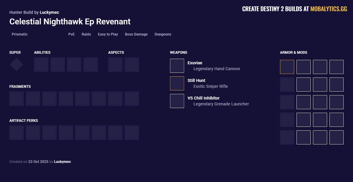 Celestial Nighthawk Ep Revenant - Destiny 2 Hunter Build for PvE ...
