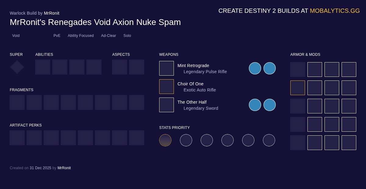 MrRonit's Renegades Void Axion Nuke Spam - Destiny 2 Warlock Build for PvE - Mobalytics