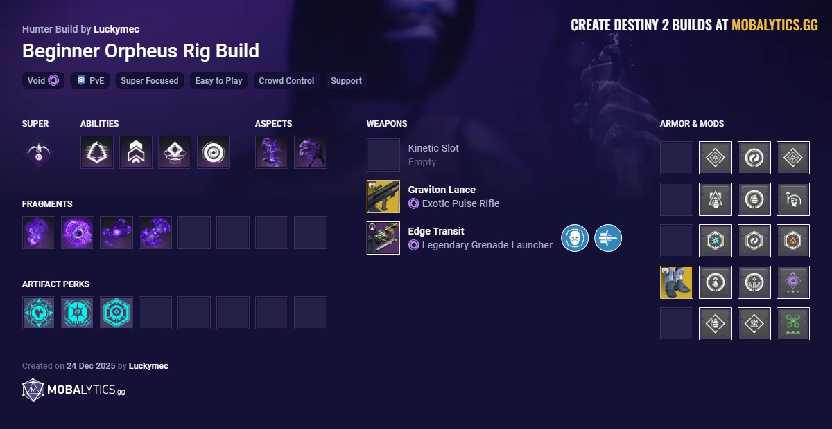 Beginner Orpheus Rig Build - Destiny 2 Void Hunter Build by Luckymec