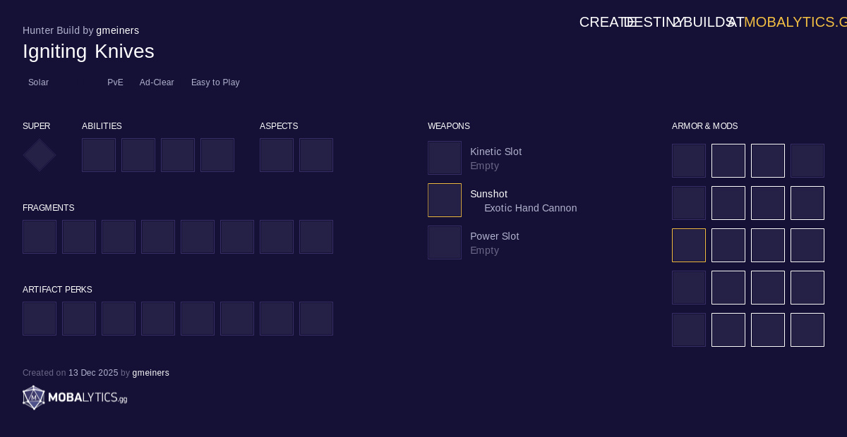 Igniting Knives - Destiny 2 Hunter Build for PvE - Mobalytics