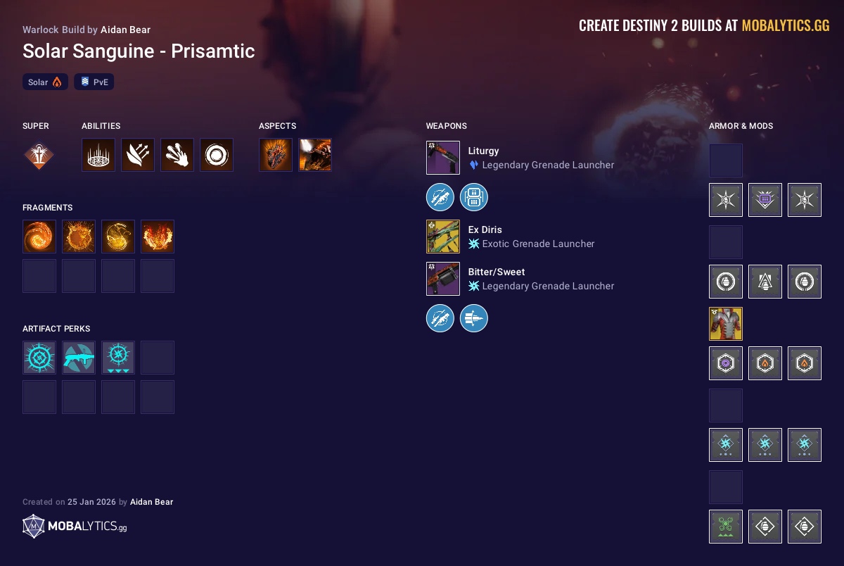 Solar Sanguine - Prisamtic - Destiny 2 Solar Warlock Build by Aidan Bear