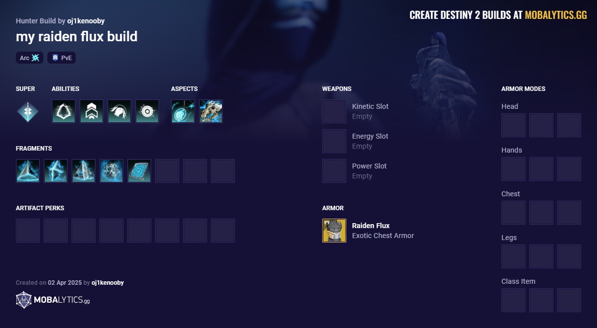 my raiden flux build - Destiny 2 Arc Hunter Build by oj1kenooby