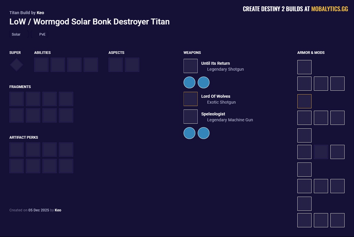 LoW / Wormgod Solar Bonk Destroyer Titan - Destiny 2 Solar Titan Build by Keo